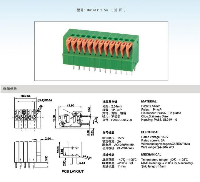 2.54mm Pitch PCB Screwless Spring Clamp Terminal Blocks Vertical Wiring