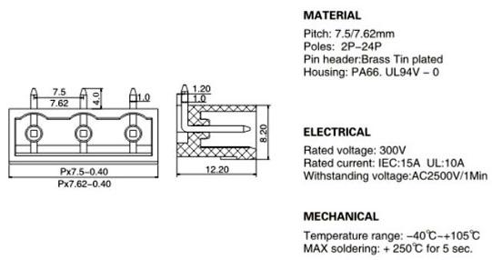 7.62mm Pitch 15Amp Pluggable Plug-in Screw Terminal Blocks Plug + Header