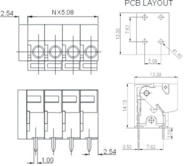 5.08mm Pitch PCB Screwless Spring Terminal Block Vertical Wiring Entry