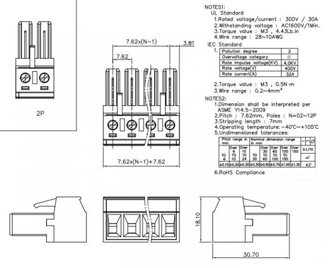 7.62mm Spacing 30Amp Pluggable Plug-in Screw Terminal Blocks Plug + Header