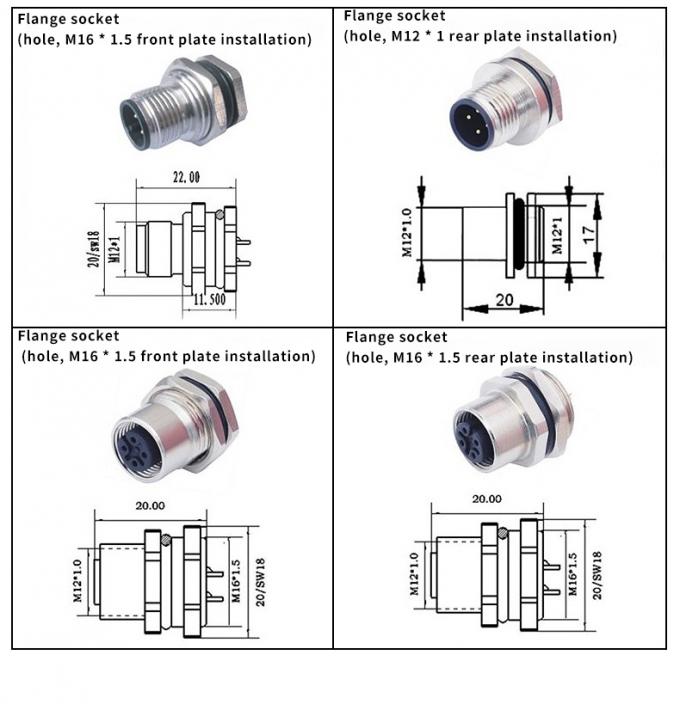 M12 Plugs and Sockets Panel Mounted Wire Terminals Connector 20cm 4P 5P 8P