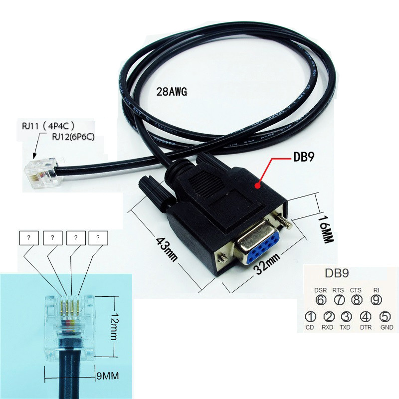 DB9 Female RS232 Serial COM Port to RJ11 RJ12 Connector Exapansion Cable